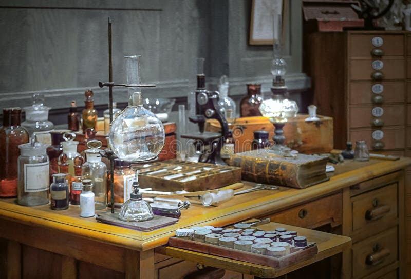 Old Science Lab with Chemical Reagents and Burner Stock Image - Image ...