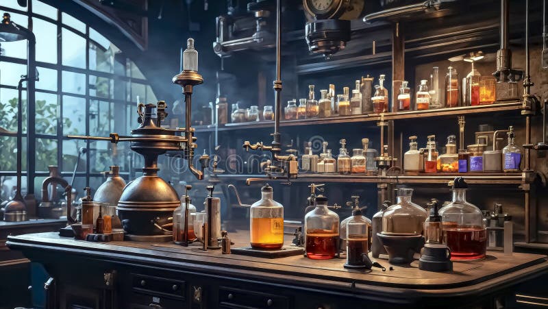 Old Science Lab with Chemical Reagents and Burner Stock Image - Image ...