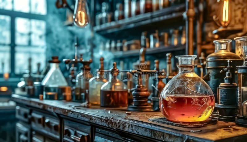 Old Science Lab with Chemical Reagents and Burner Stock Image - Image ...