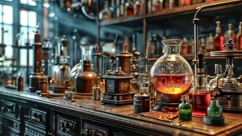 Old Science Lab with Chemical Reagents and Burner Stock Image - Image ...