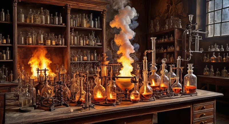 Old Science Lab with Chemical Reagents and Burner Stock Image - Image ...