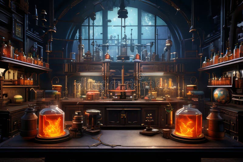 Old Science Lab with Chemical Reagents and Burner Stock Photo - Image ...