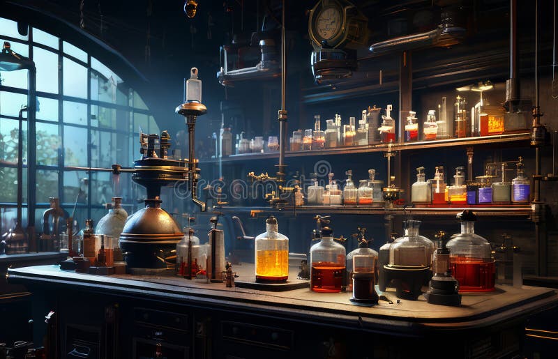 Old Science Lab with Chemical Reagents and Burner Stock Image - Image ...