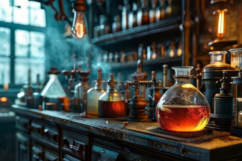 Old Science Lab with Chemical Reagents and Burner Stock Image - Image ...