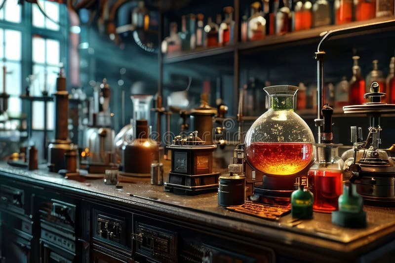 Old Science Lab with Chemical Reagents and Burner Stock Image - Image ...