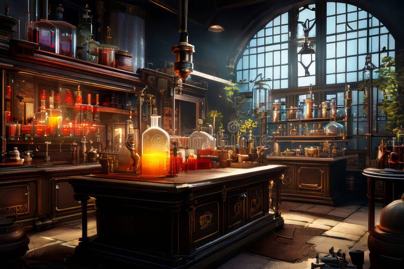 Old Science Lab with Chemical Reagents and Burner Stock Image - Image ...