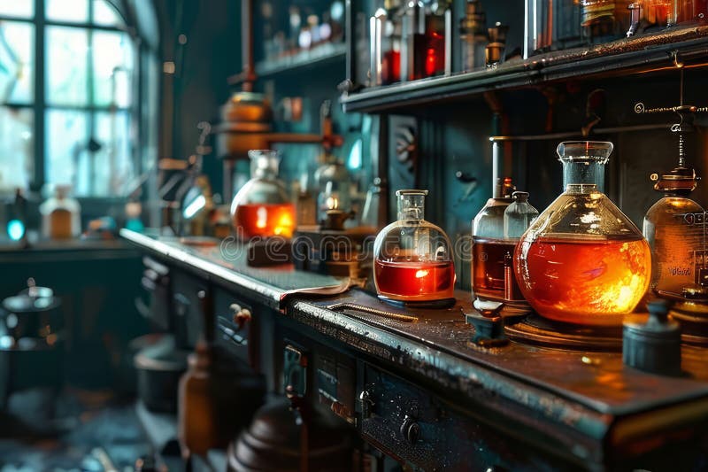 Old Science Lab with Chemical Reagents and Burner Stock Image - Image ...