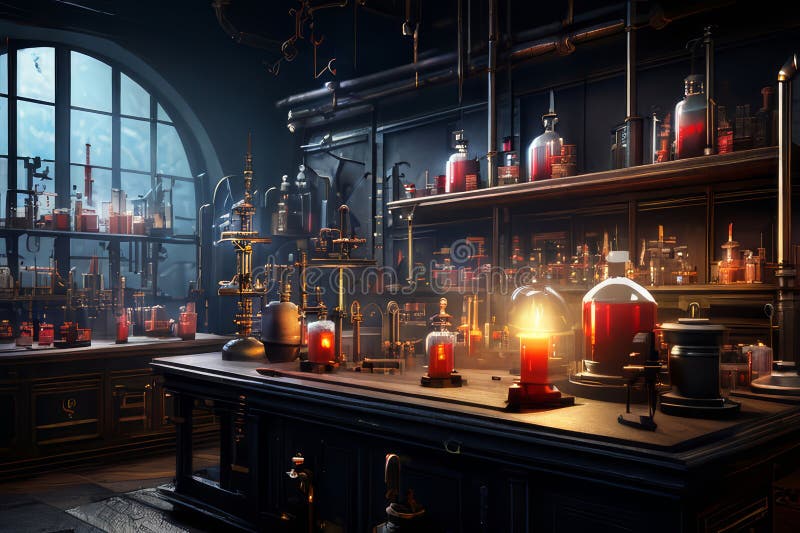 Old Science Lab with Chemical Reagents and Burner Stock Image - Image ...