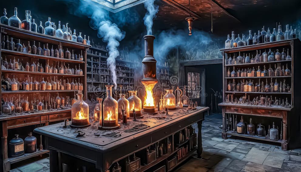 Old Science Lab with Chemical Reagents and Burner Stock Photo - Image ...
