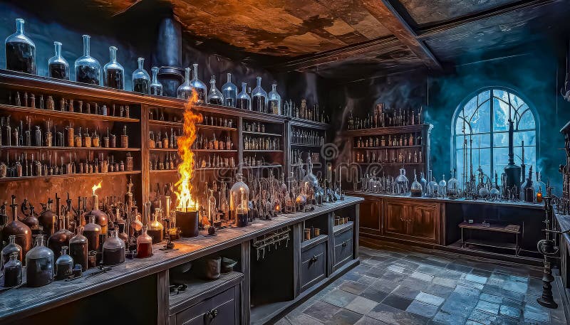 Old Science Lab with Chemical Reagents and Burner Stock Image - Image ...