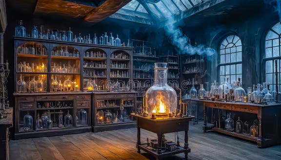 Old Science Lab with Chemical Reagents and Burner Stock Photo - Image ...