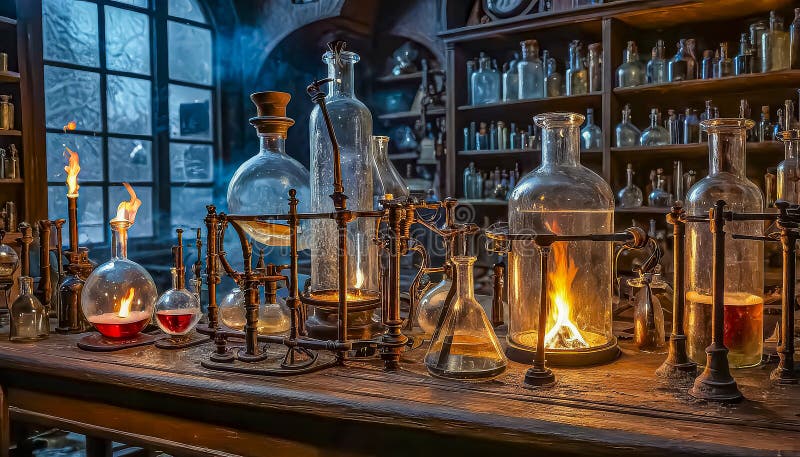 Old Science Lab with Chemical Reagents and Burner Stock Photo - Image ...