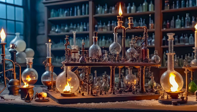 Old Science Lab with Chemical Reagents and Burner Stock Photo - Image ...