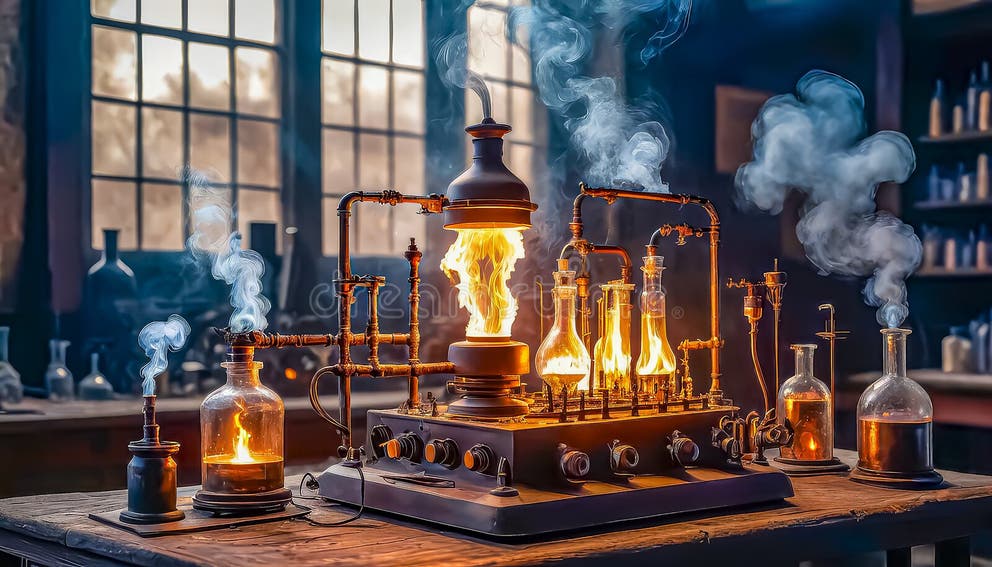 Old Science Lab with Chemical Reagents and Burner Stock Photo - Image ...