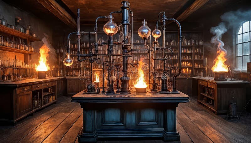 Old Science Lab with Chemical Reagents and Burner Stock Photo - Image ...