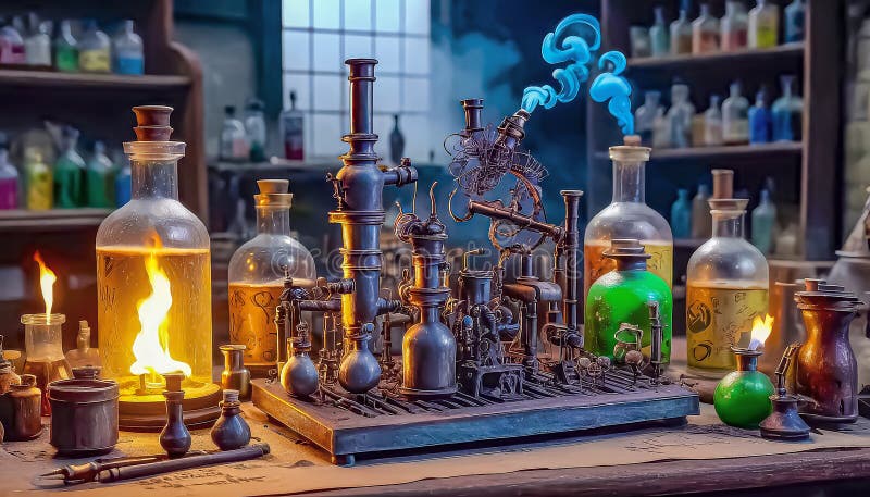 Old Science Lab with Chemical Reagents and Burner Stock Image - Image ...