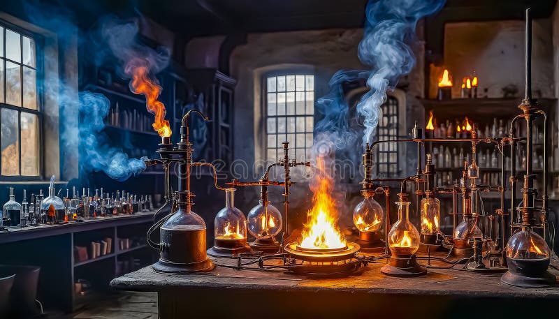 Old Science Lab with Chemical Reagents and Burner Stock Image - Image ...