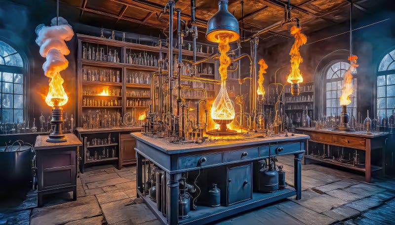 Old Science Lab with Chemical Reagents and Burner Stock Photo - Image ...