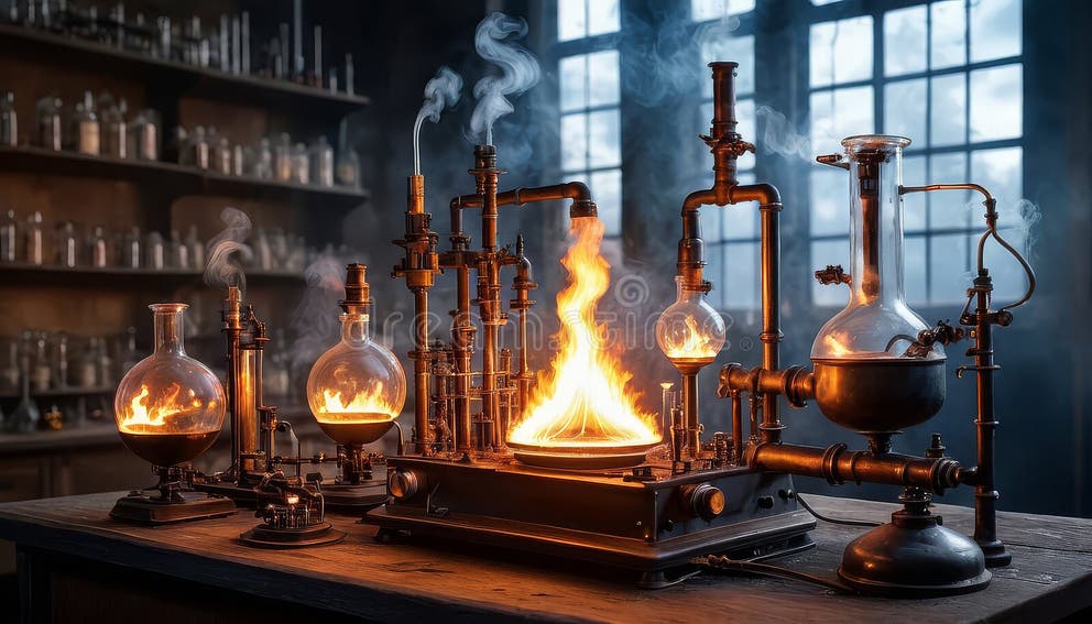 Old Science Lab with Chemical Reagents and Burner Stock Image - Image ...