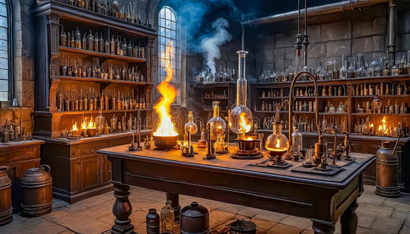 Old Science Lab with Chemical Reagents and Burner Stock Image - Image ...