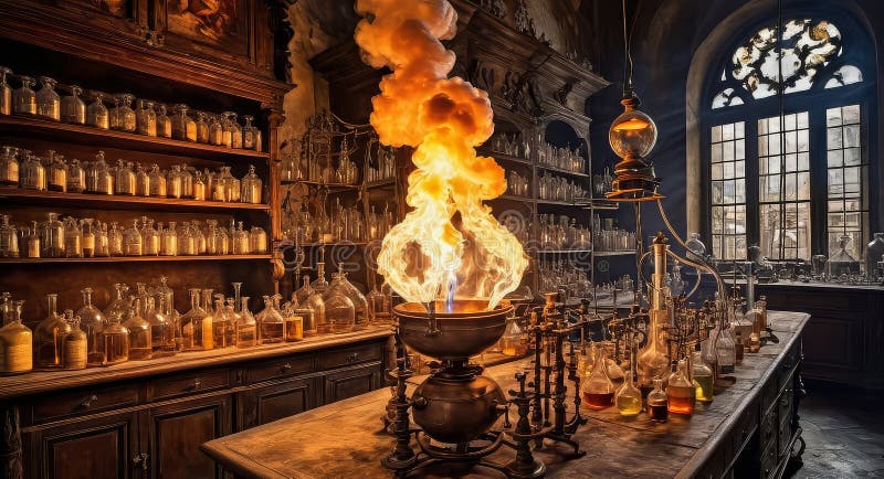 Old Science Lab with Chemical Reagents and Burner Stock Image - Image ...