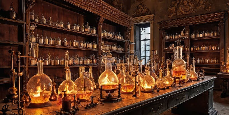 Old Science Lab with Chemical Reagents and Burner Stock Image - Image ...