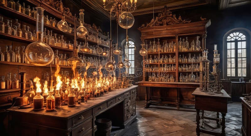 Old Science Lab with Chemical Reagents and Burner Stock Photo - Image ...