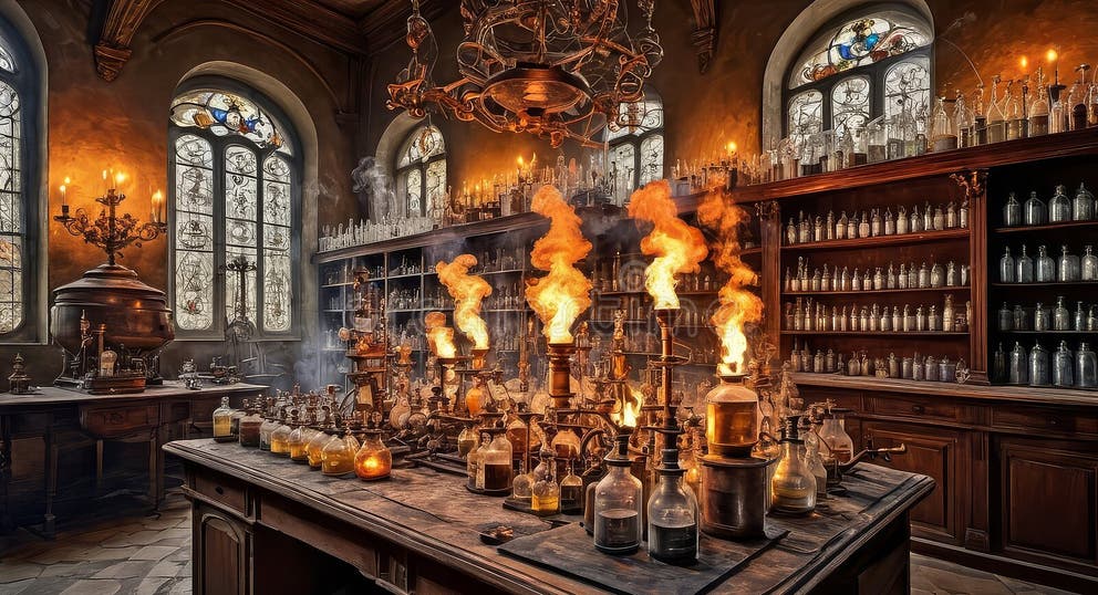 Old Science Lab with Chemical Reagents and Burner Stock Photo - Image ...