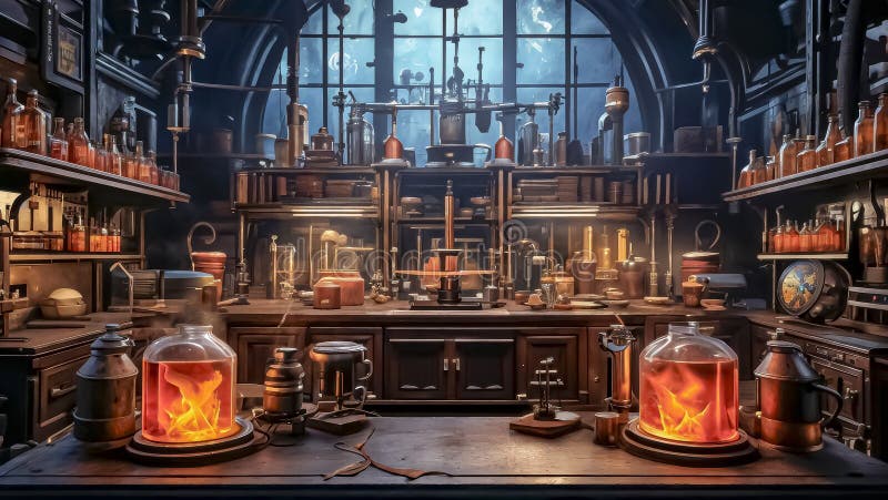 Old Science Lab with Chemical Reagents and Burner Stock Image - Image ...