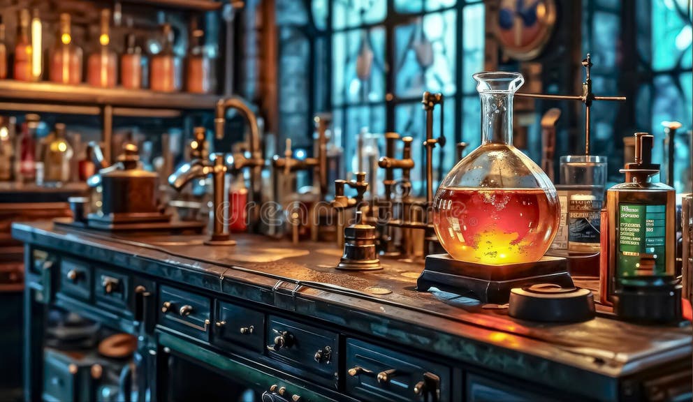 Old Science Lab with Chemical Reagents and Burner Stock Photo - Image ...