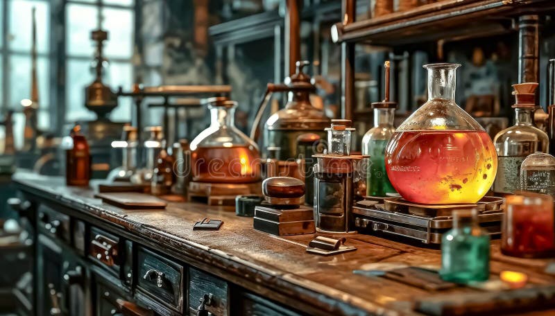 Old Science Lab with Chemical Reagents and Burner Stock Image - Image ...