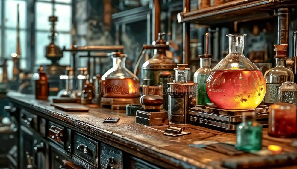 Old Science Lab with Chemical Reagents and Burner Stock Image - Image ...