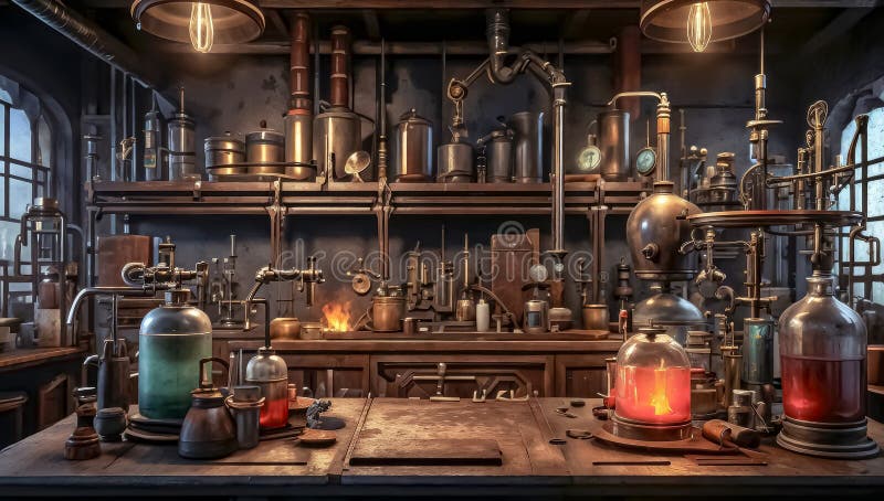 Old Science Lab with Chemical Reagents and Burner Stock Photo - Image ...