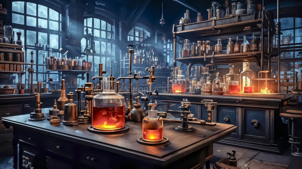 Old Science Lab with Chemical Reagents and Burner Stock Photo - Image ...