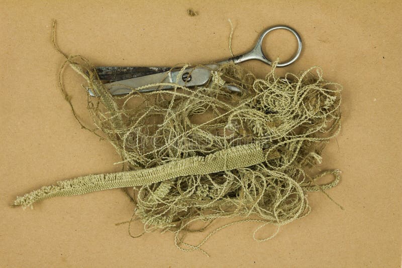Old Scissors, Thread and Scraps of Cloth Stock Image - Image of cotton ...