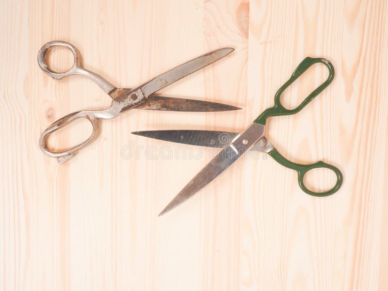 Old Scissors on a Wooden Background Stock Photo - Image of blue, button ...