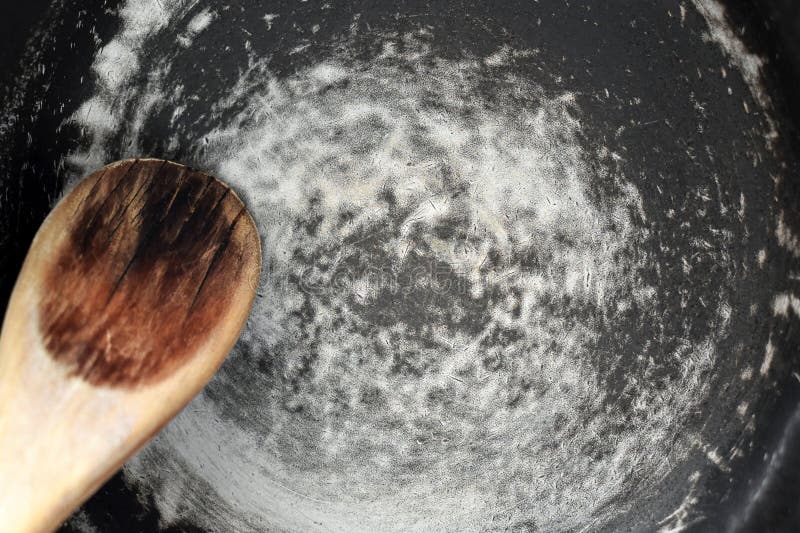 Old Scratched Non-stick Pan on Wood Table. Stock Photo - Image of ...