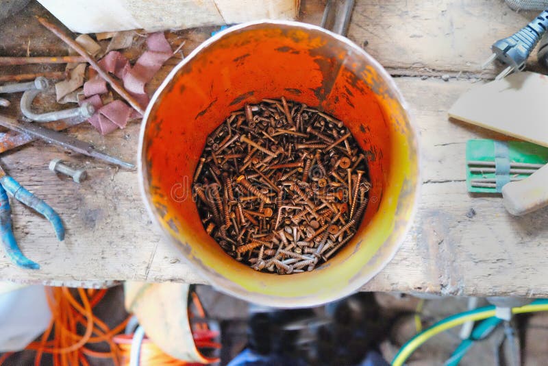 Old Screws in a Shabby Bucket Stock Image - Image of build, engineering ...