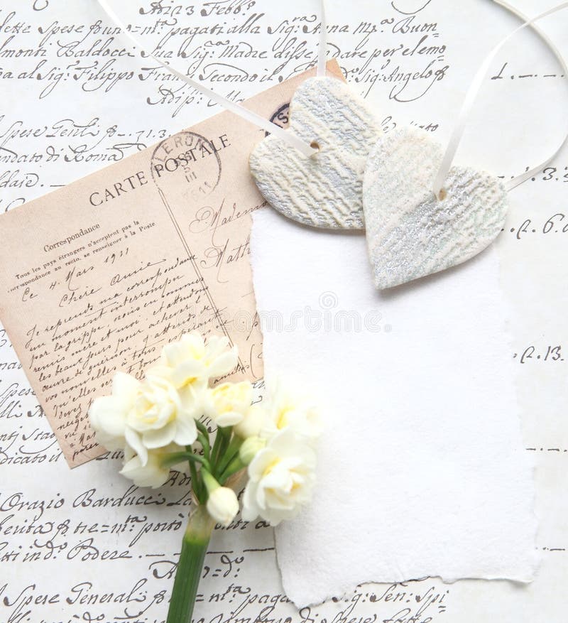 Old Script with Flowers and Hearts Stock Photo - Image of narcissus ...