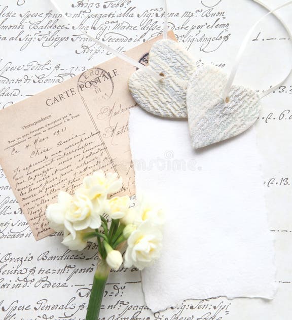 Old Script with Flowers and Hearts Stock Photo - Image of narcissus ...
