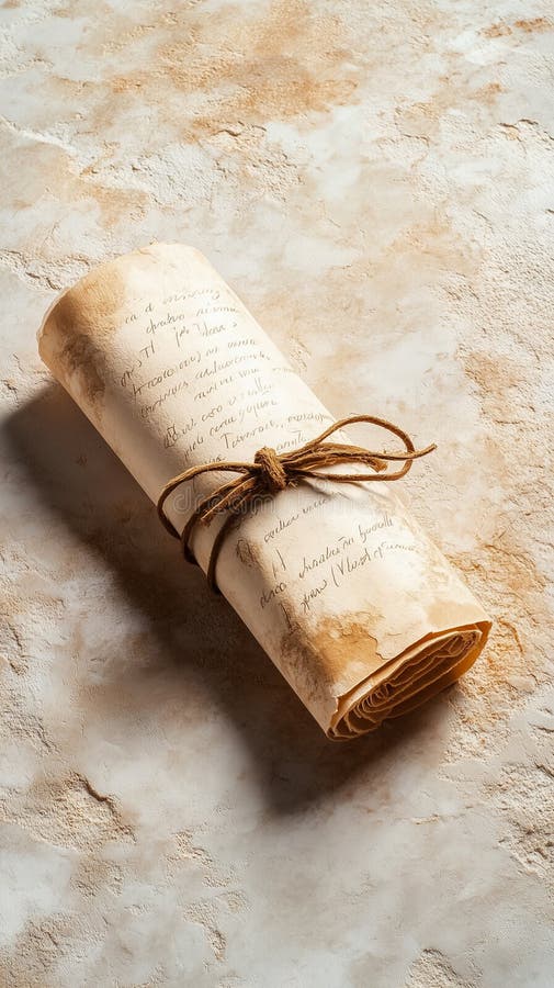 An Old Scroll Secured with Twine Lies on a Weathered Surface, Featuring ...