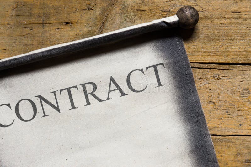 Old Scroll on Wooden Table, Word Contract Stock Image - Image of sign ...