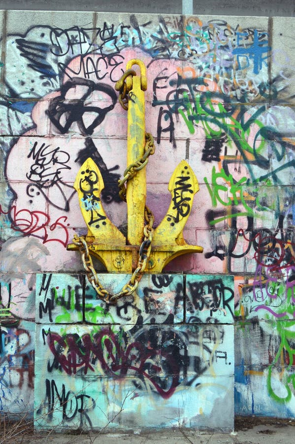 Old Sea Anchor Around Graffiti Stock Photo - Image of height ...