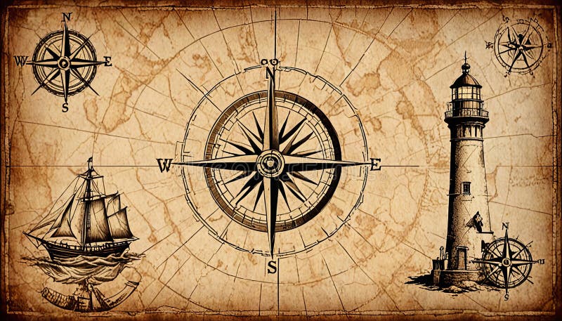 Old Sea Compass, Lighthouse and Sea Knot on Abstract Map Background ...