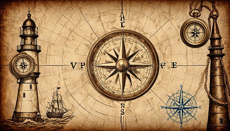 Old Sea Compass, Lighthouse and Sea Knot on Abstract Map Background ...