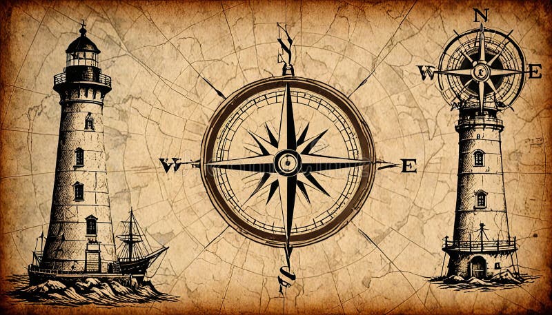 Old Sea Compass, Lighthouse and Sea Knot on Abstract Map Background ...