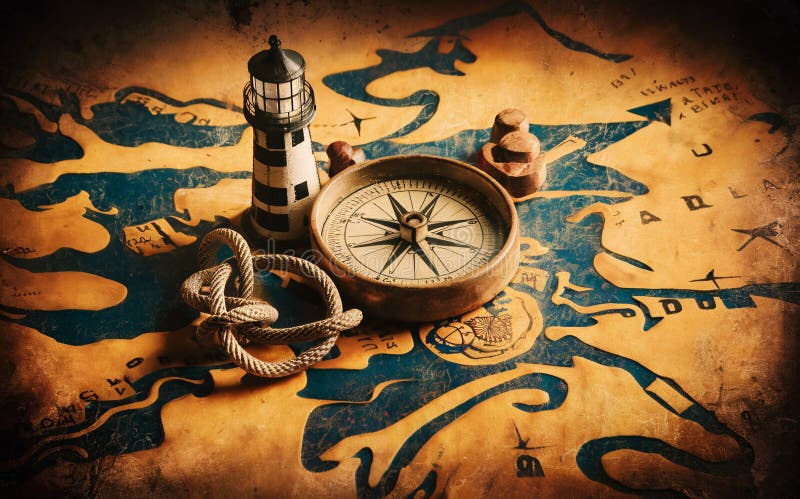Old Sea Compass Lighthouse And Sea Knot On Abstract Map Background Retro Style Stock