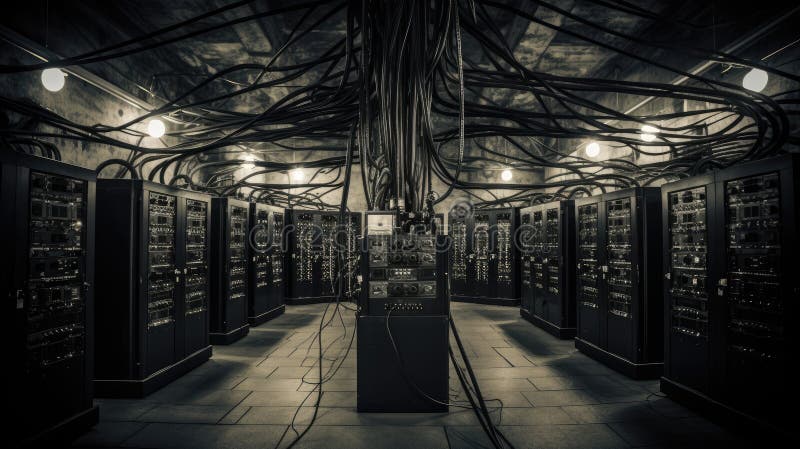 An Old Server Room Filled with Connecting Wires Stock Illustration ...