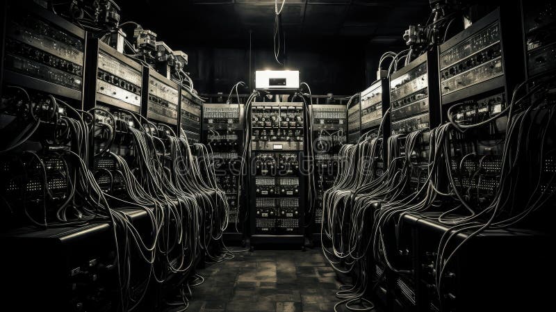 An Old Server Room Filled with Connecting Wires Stock Illustration ...