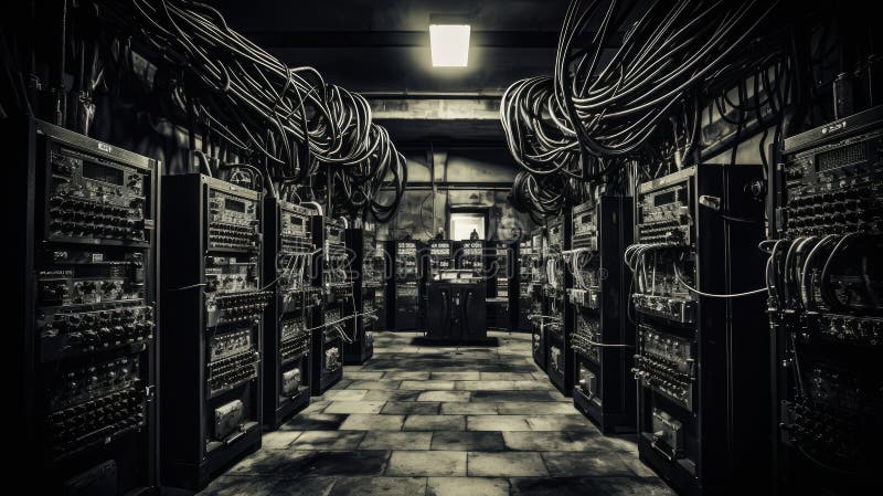 An Old Server Room Filled with Connecting Wires Stock Illustration ...